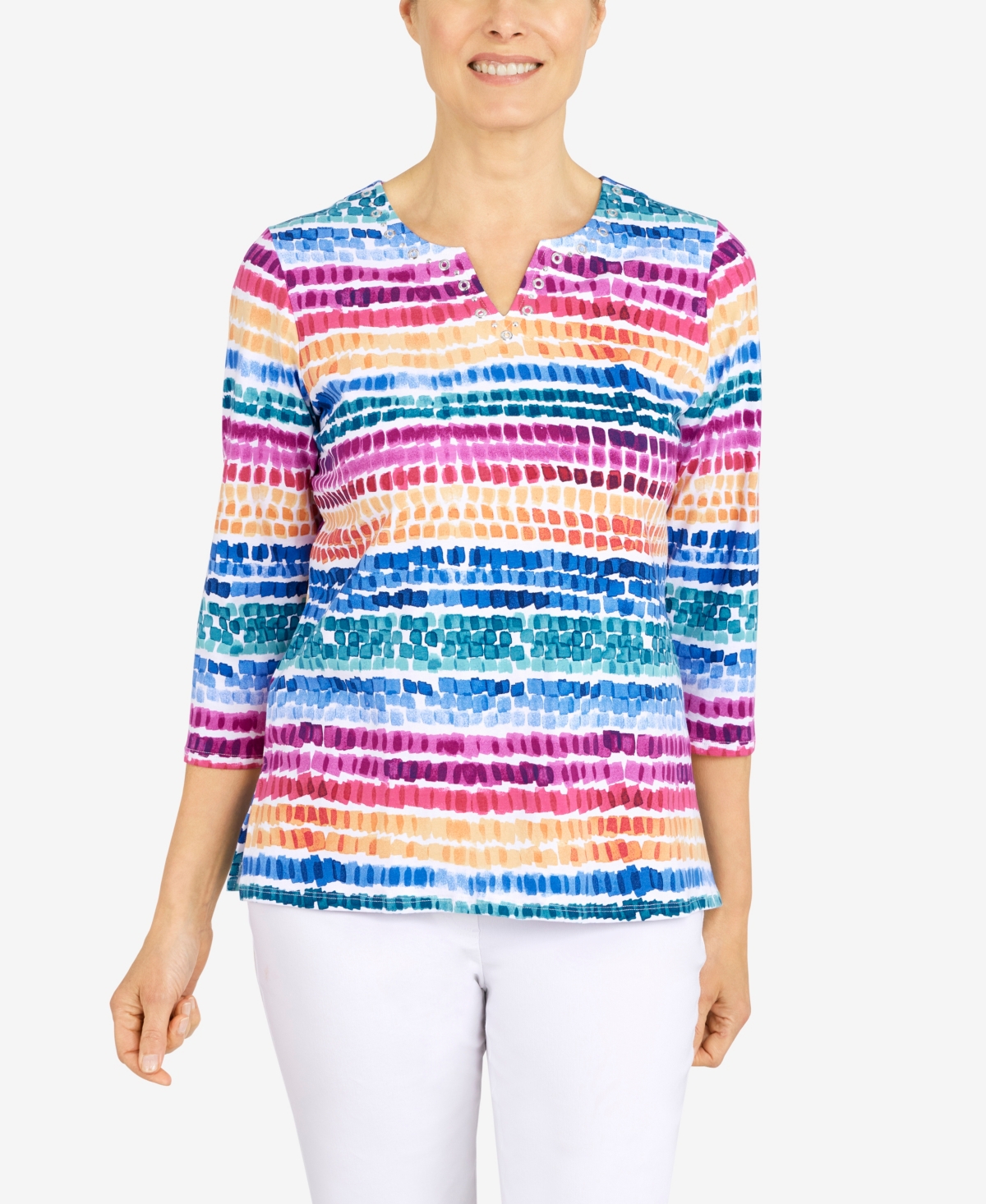Click here for Alfred Dunner Womens Rainbow Dot Split Neck Top -... prices