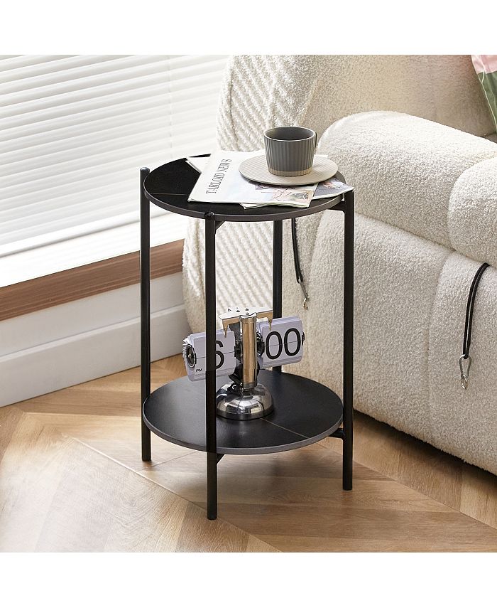Simplie Fun 2-Layer End Table With Whole Marble Tabletop, Round Coffee ...