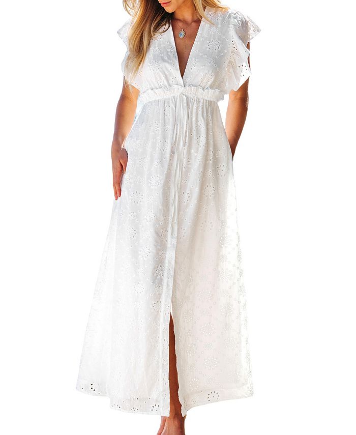 CUPSHE Women's White Eyelet Plunging Flutter Sleeve Empire Waist Maxi Beach Dress - Macy's