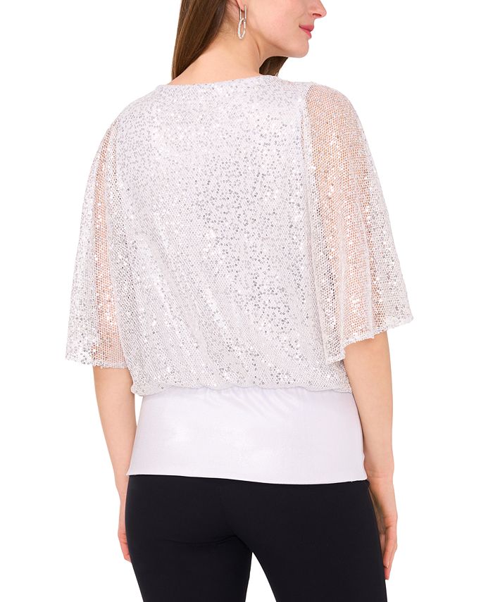 MSK Petite Sequin-Mesh Blouson-Sleeve Banded-Hem Top - Macy's