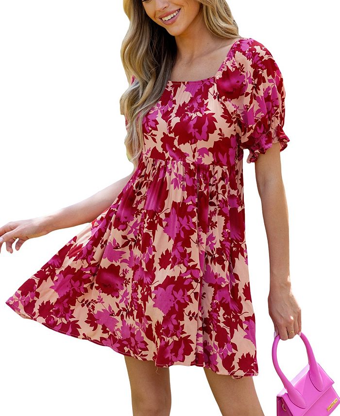 CUPSHE Women's Pink & Red Floral Square Neck Ruffle Mini Beach Dress ...