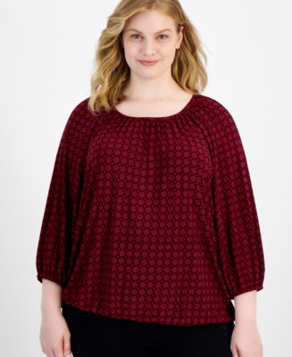Anne Klein Plus Size Printed Peasant Top - Macy's