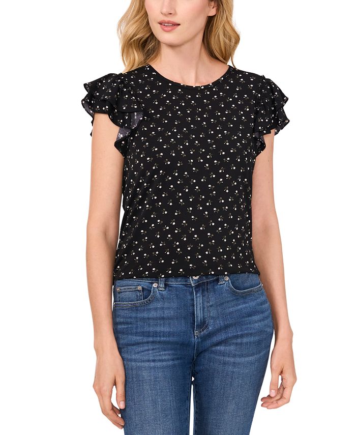 CeCe Women's Double Ruffle Floral-Print Knit Blouse - Macy's