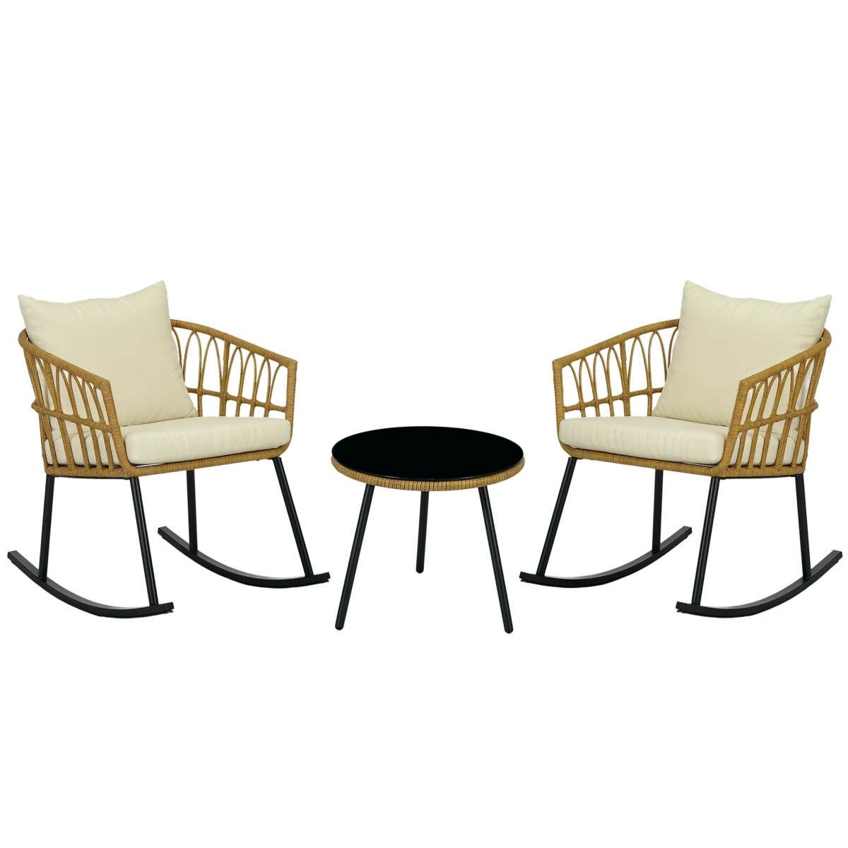 Aosom Wicker Outdoor Rocking Chair Set  3 Piece Patio Bistro Set with 2 Porch Rocker Chairs  Glass Top Coffee Table and Cushions  Patio...