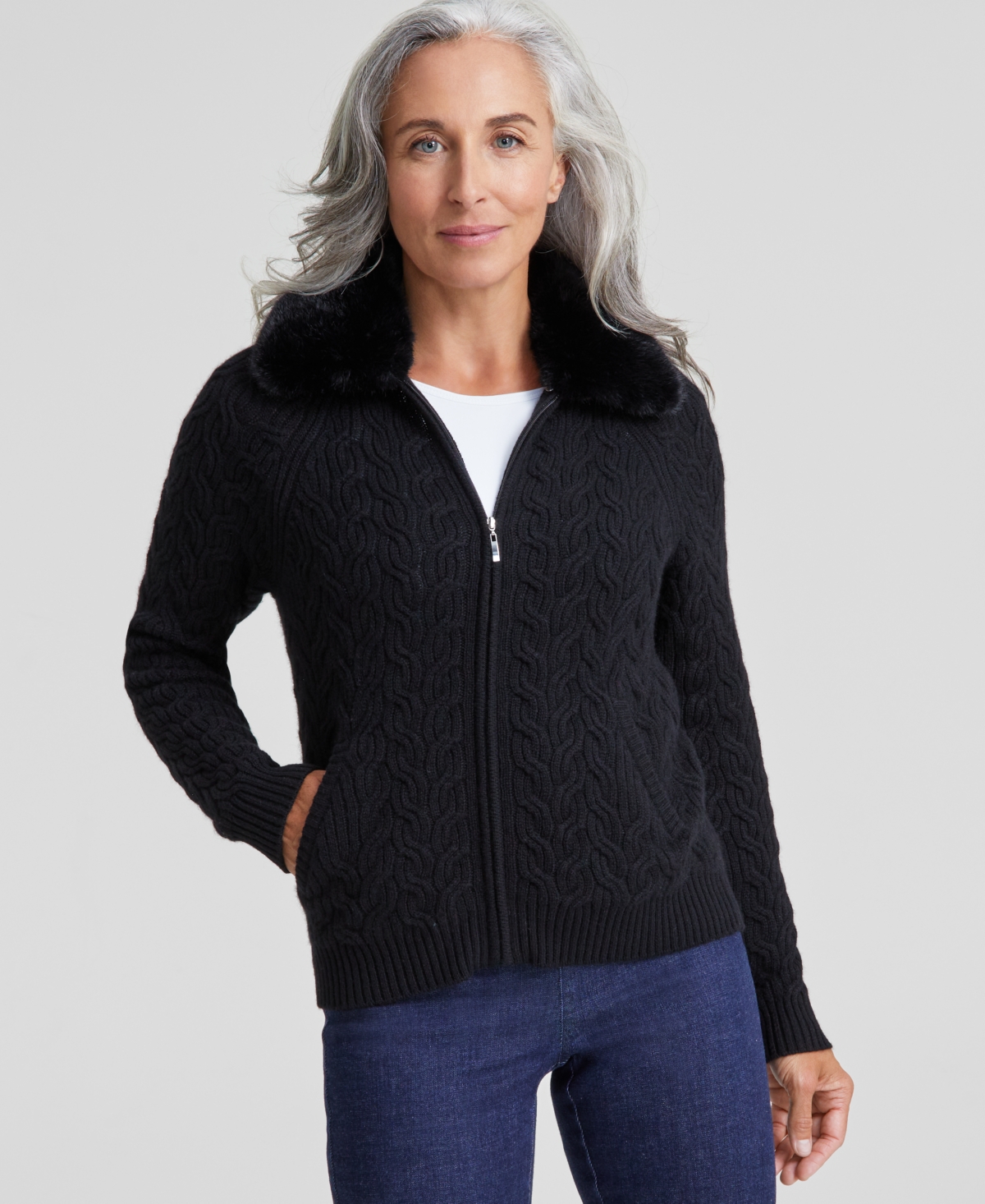 Click here for Charter Club Womens Cashmere Faux-Fur-Collar Cable... prices