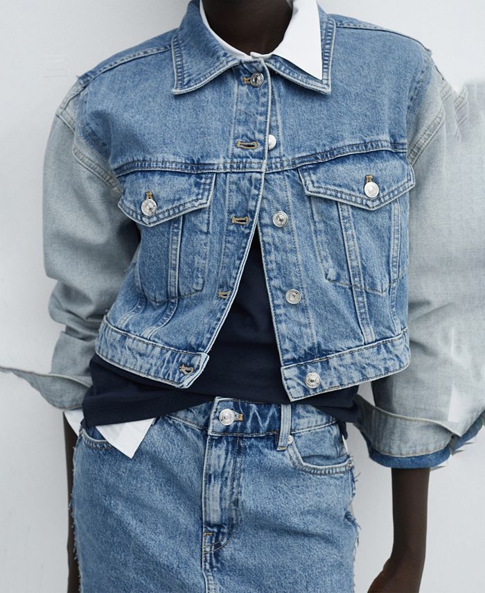 MANGO Women's Two-Tone Cropped Denim Jacket - Macy's