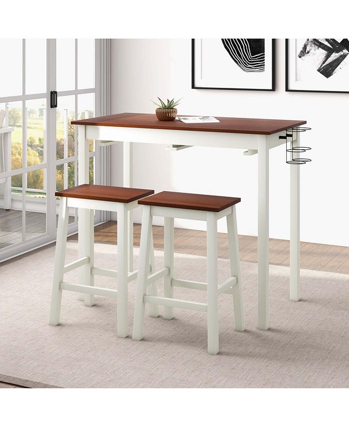 Costway 3-Piece Counter Height Bar Table Set with 2 Stools, 2 Wine ...