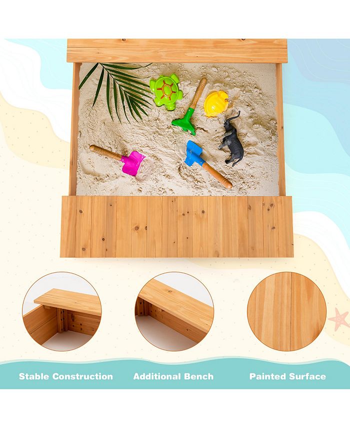 Costway Kids Wooden Sandbox w/ Bench Seats & Storage Boxes Children ...