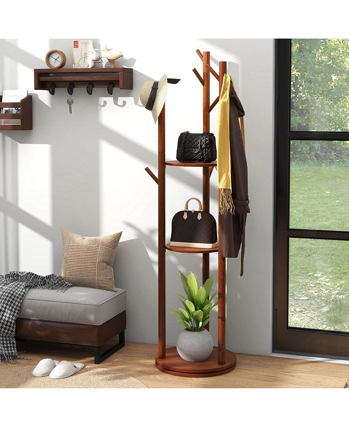 Costway Freestanding Wooden Coat Tree 360° Rotary Coat Rack with 3 ...