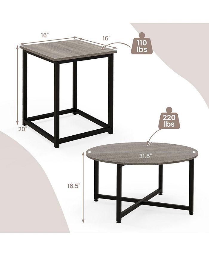 Costway 3 PCS Coffee Table Set Round Coffee Table and 2 PCS Square End ...