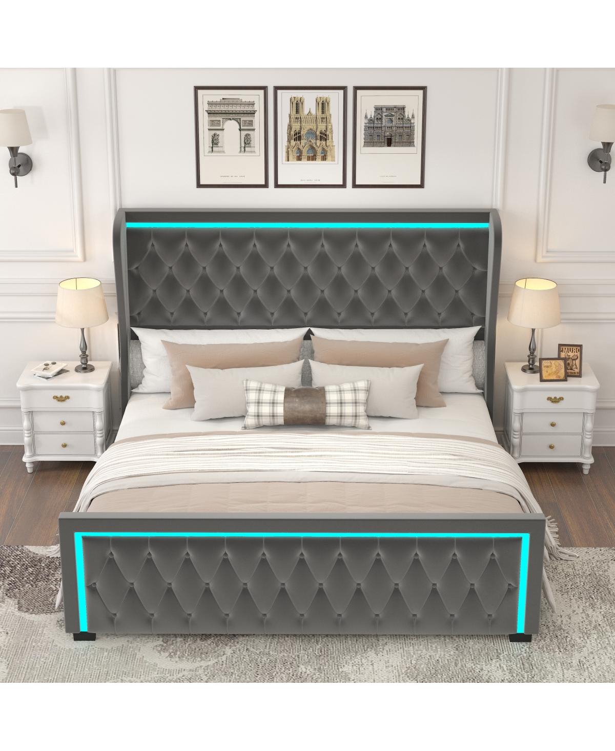 Click here for Grey Velvet Platform Bed with Led Headboard - Grey prices