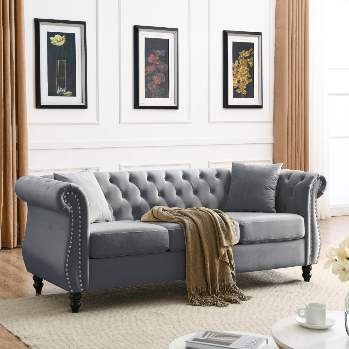 Click here for Streamdale Grey Velvet Tufted 3-Seater Sofa with P... prices