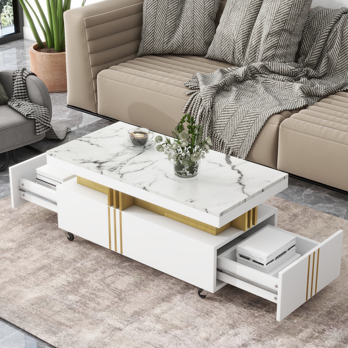 Click here for Streamdale Luxury Marble Top Coffee Table With Whe... prices