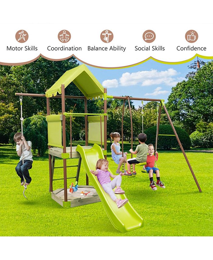 Costway 7-in-1 Swing Set with Covered Fort Height Adjustable Swing ...