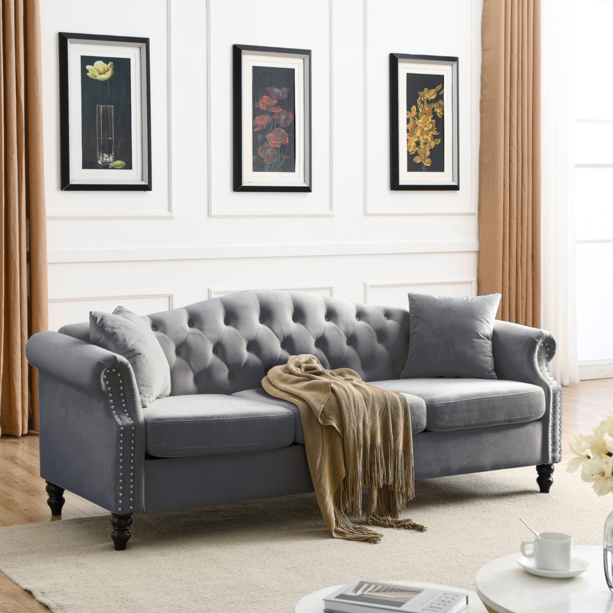Click here for Streamdale Furniture Grey Velvet Chesterfield Sofa... prices