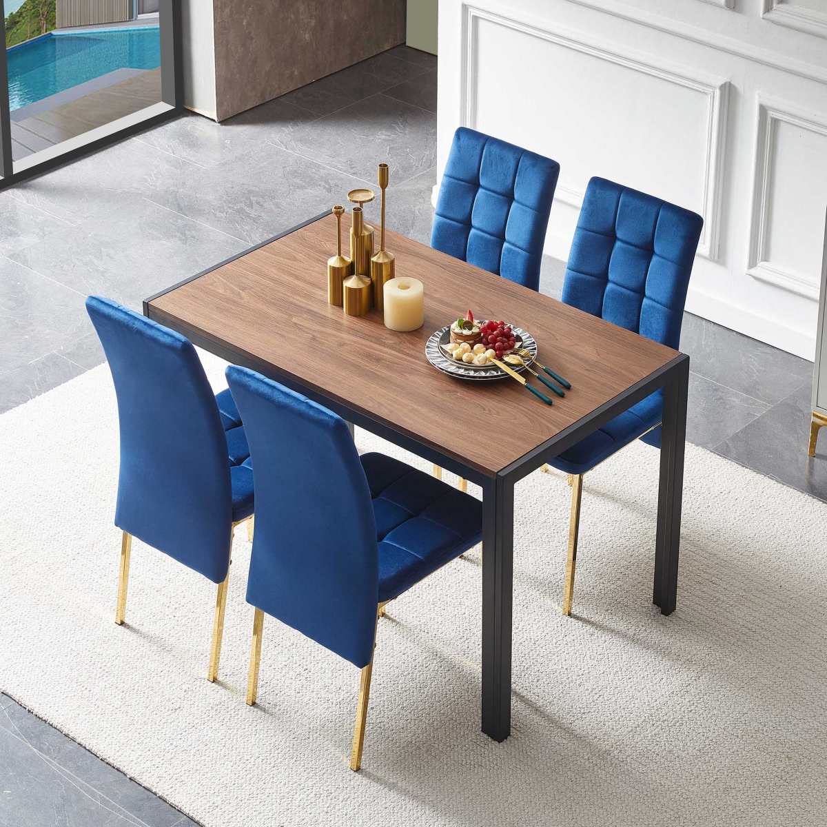 Click here for Streamdale Blue Velvet Dining Set with Golden Legs... prices