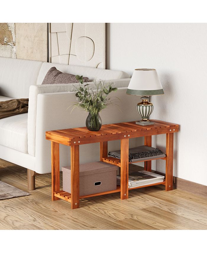 HOMCOM 3-tier Acacia Wood Entryway Slatted Shoe Storage Bench Boots ...