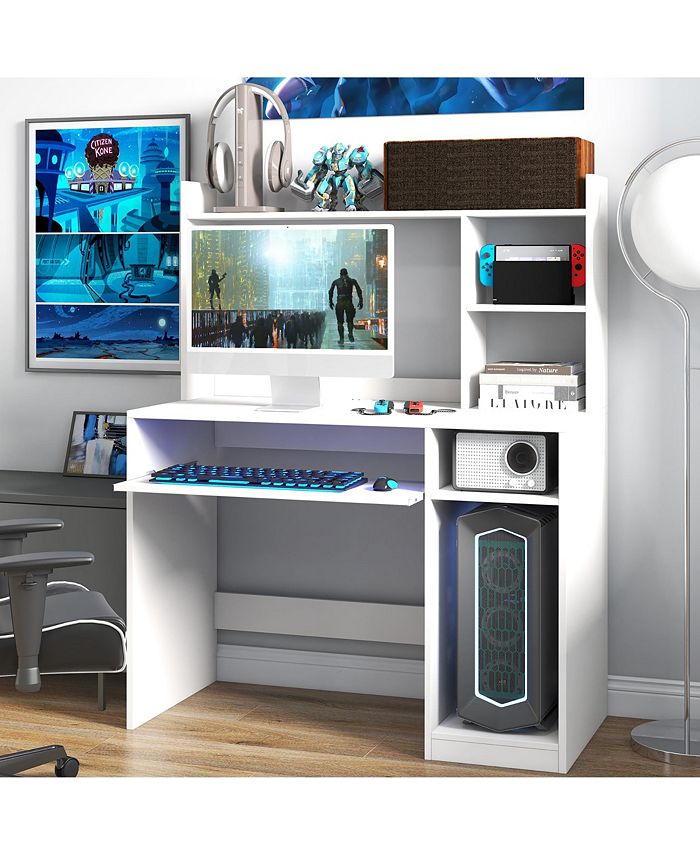 Gymax Computer Desk w/ Built-in Charge Station Wooden Writing Desk w ...