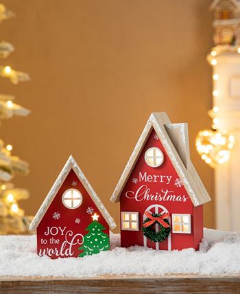 Glitzhome Christmas Lighted Wooden House Table Décor, Set of 2 - Macy's