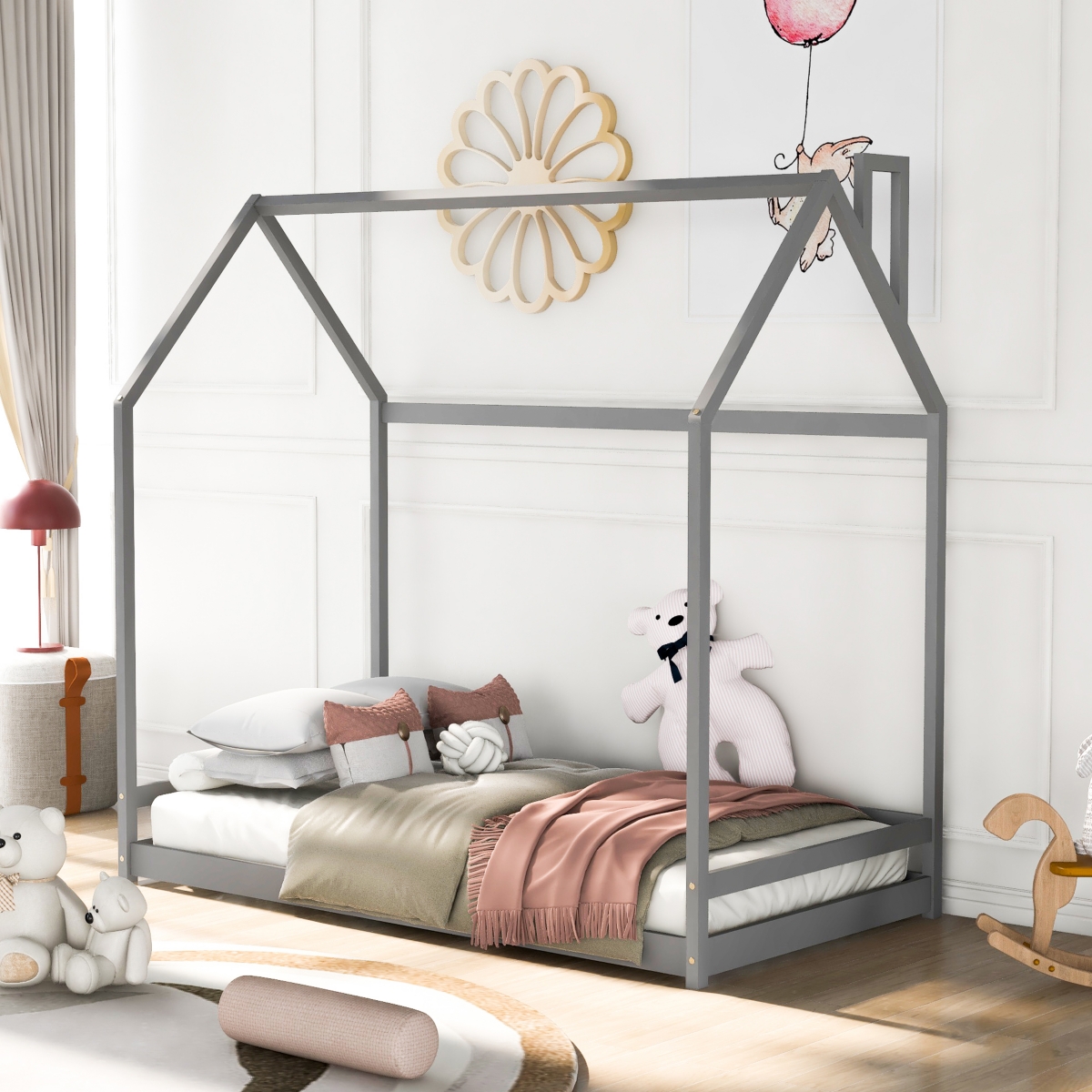 Click here for Streamdale Twin Size House Bed Wood Bed - Gray prices