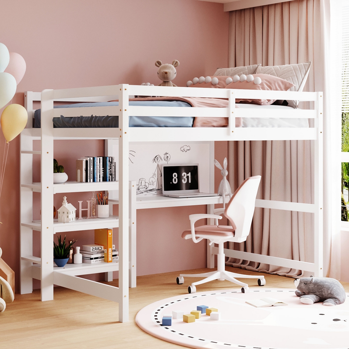 Click here for Streamdale Full Size Wooden Loft Bed With Shelves... prices