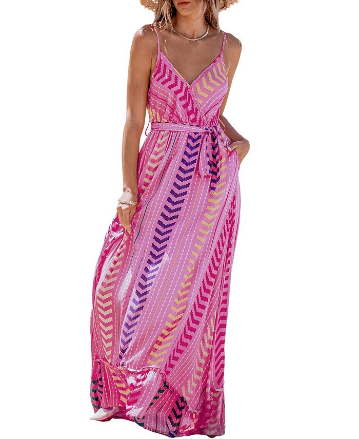 CUPSHE Women's Pink V-Neck Belted Maxi Beach Dress - Macy's