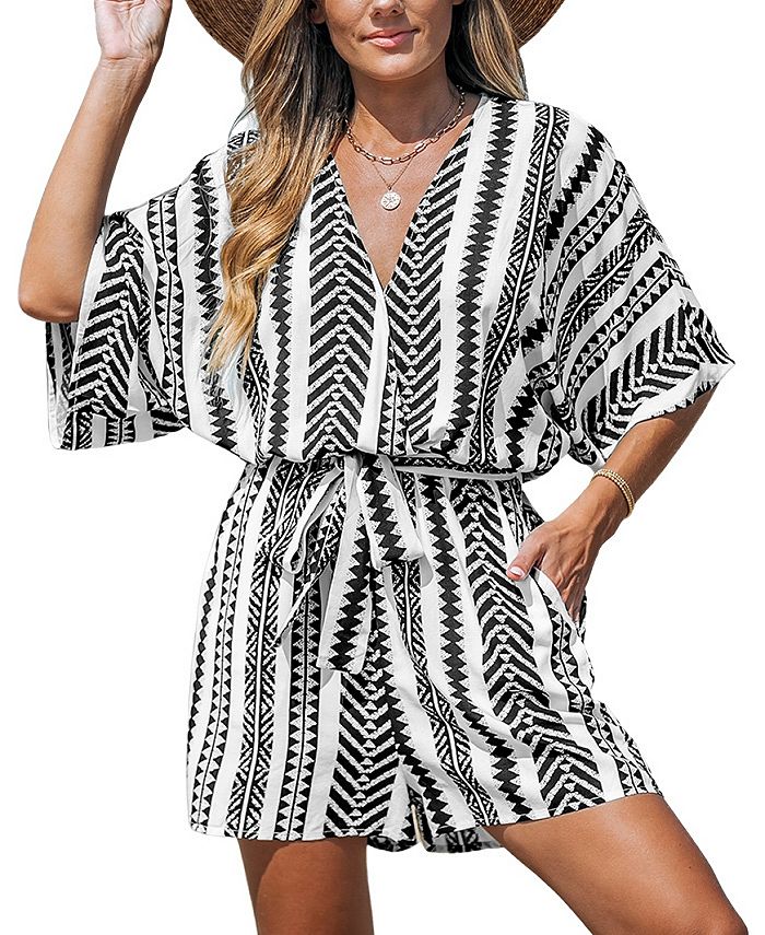 CUPSHE Women's Black & White Geo Striped Romper - Macy's