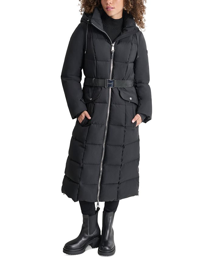 DKNY Womens Maxi Belted Hooded Puffer Coat - Macy's