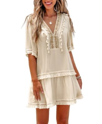 CUPSHE Women's Beige Plunging Half Sleeve Tassel Mini Beach Dress - Macy's
