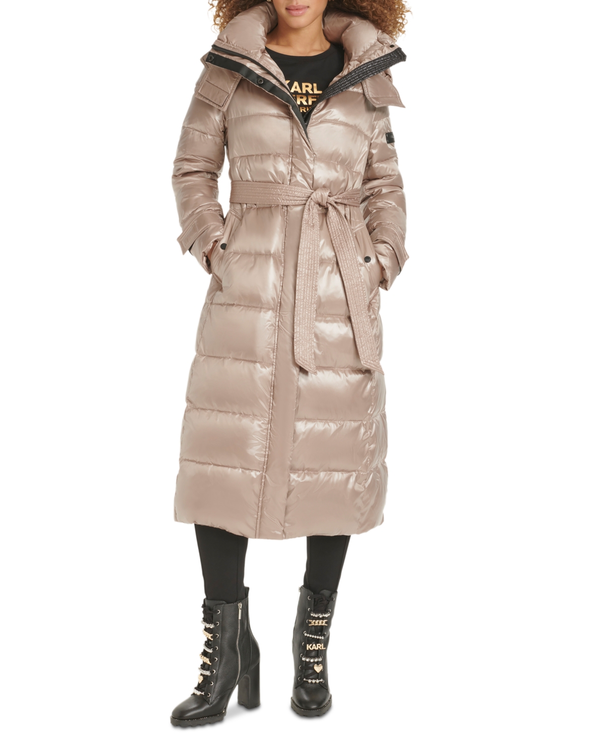Click here for Karl Lagerfeld Womens Shine Hooded Belted Puffer C... prices