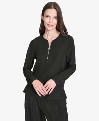 Halston Women's Zip-Front Hi-Low Side-Slit Blouse - Macy's