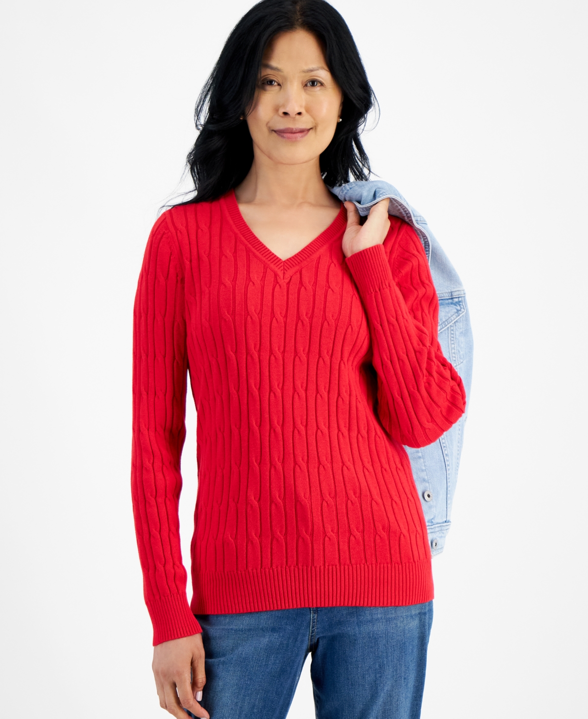 Click here for Style & Co Petite Cotton Cable-Knit V-Neck Sweater... prices