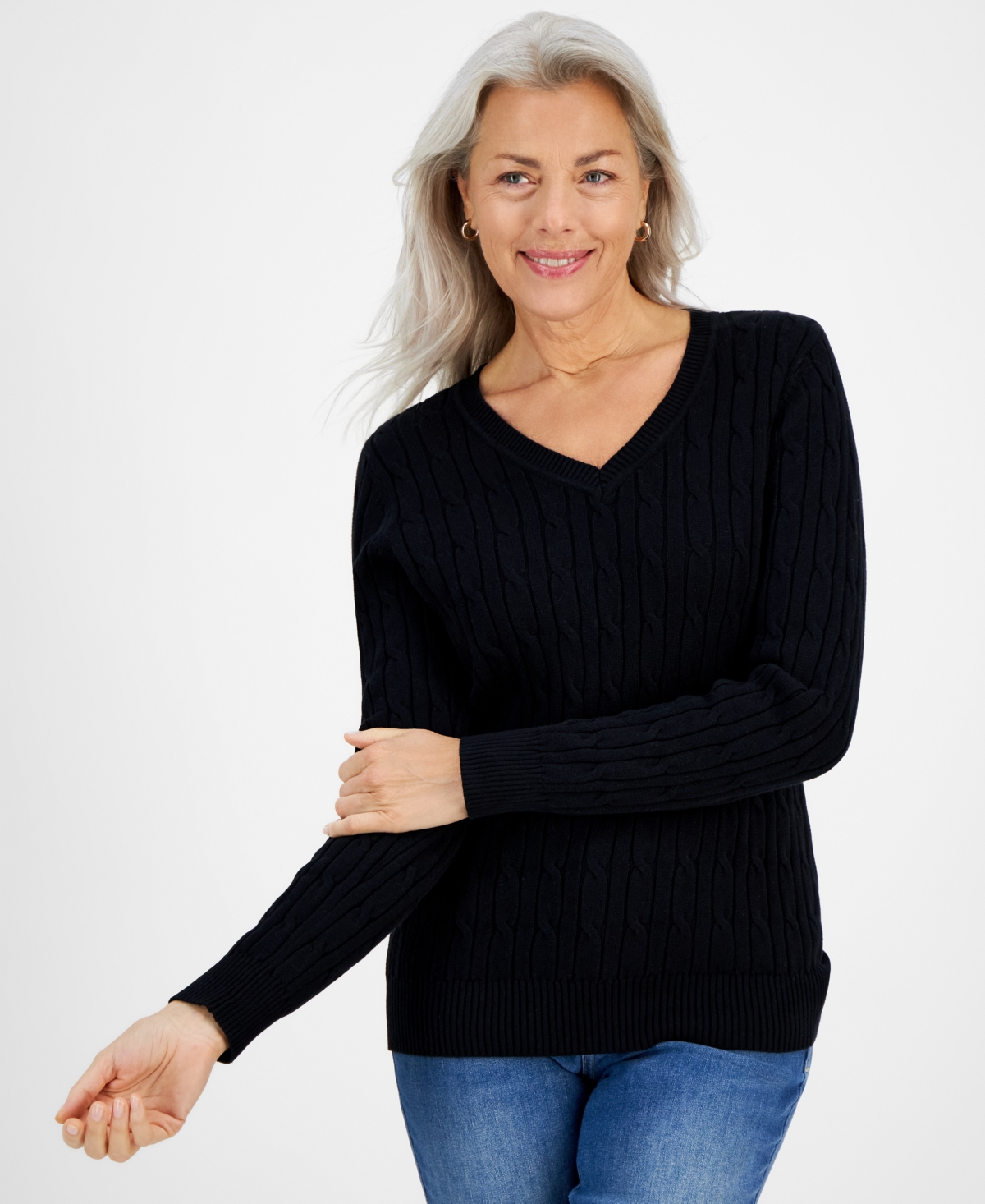 Click here for Style & Co Petite Cotton Cable-Knit V-Neck Sweater... prices