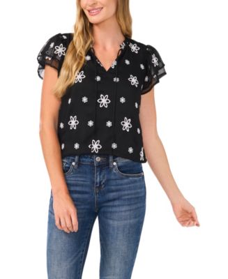 CeCe Women's Floral Embroidery Tie Front Blouse with Smocking - Macy's