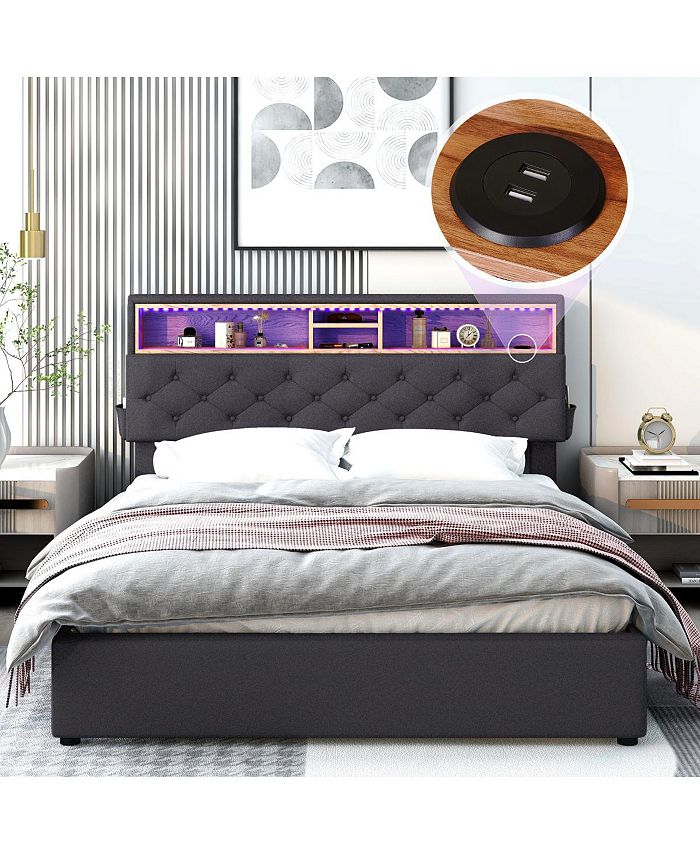 Simplie Fun Queen Size Upholstered Platform Bed With Storage Headboard ...