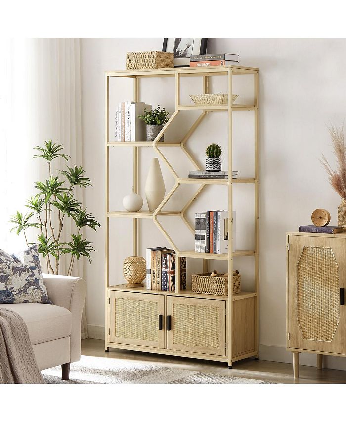 Simplie Fun 7-Tier Rattan Bookshelf with Cabinet, Natural Finish - Macy's