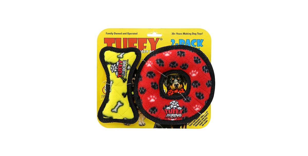Click here for Tuffy Jr Bone Yellow and Ring Red Paw 2 Pack  Dog... prices