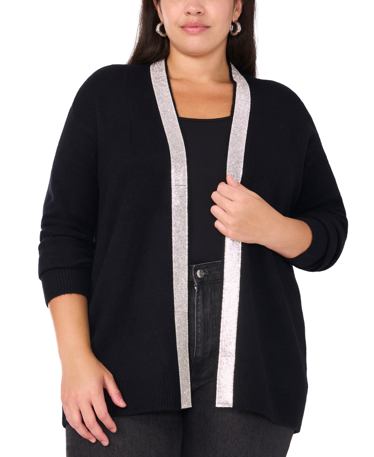 Vince Camuto Plus Size Rhinestone-Trim Cardigan Sweater  Created for Macys - Rich Black