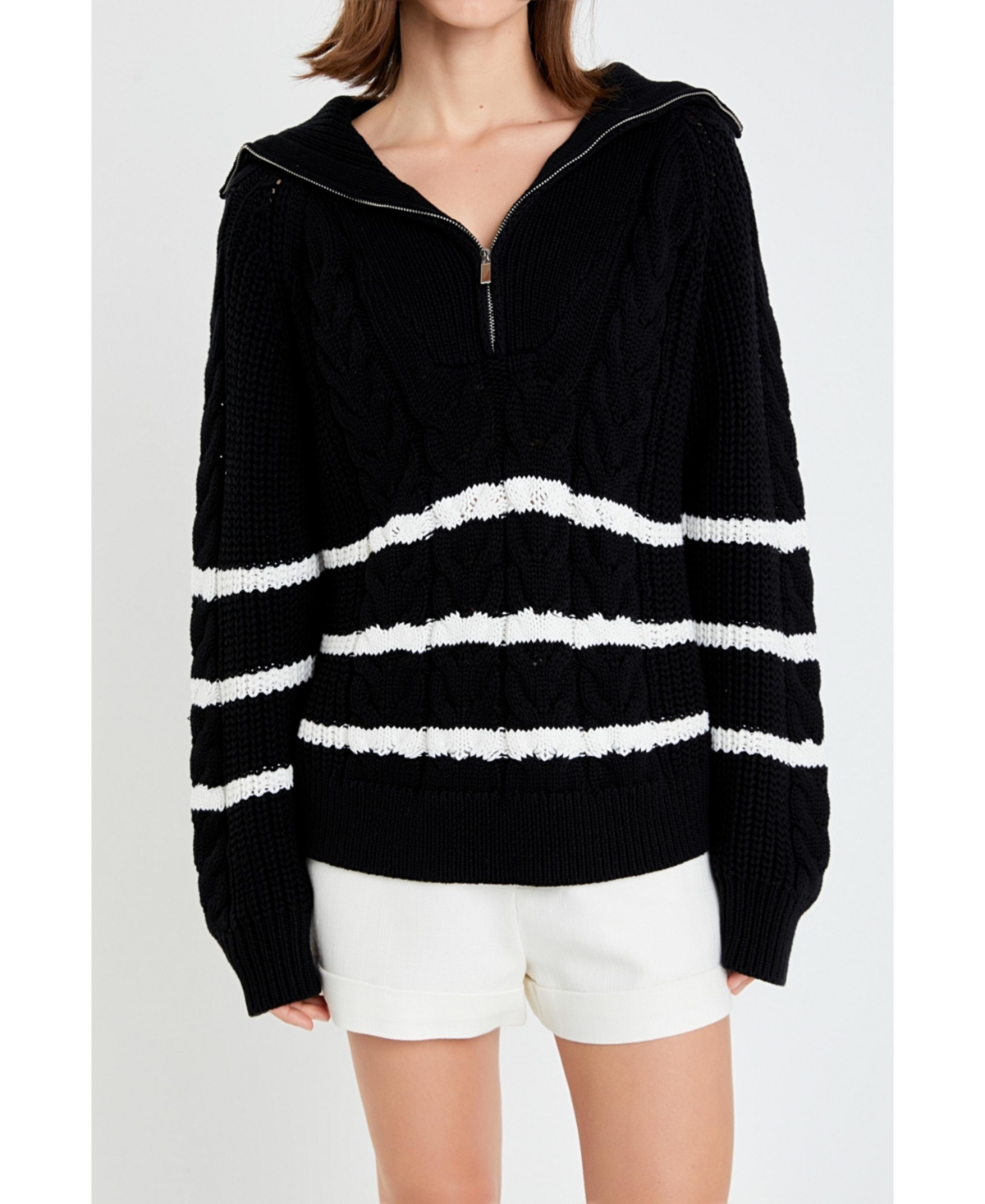 Click here for English Factory Womens Stripe Zip up Sweater - Bla... prices