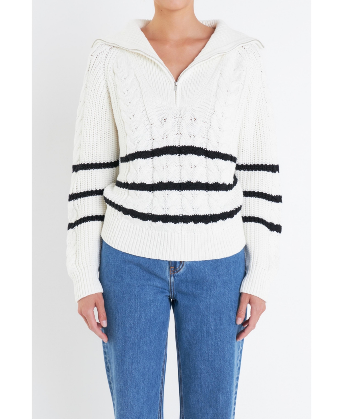 English Factory Womens Stripe Zip up Sweater - White/black