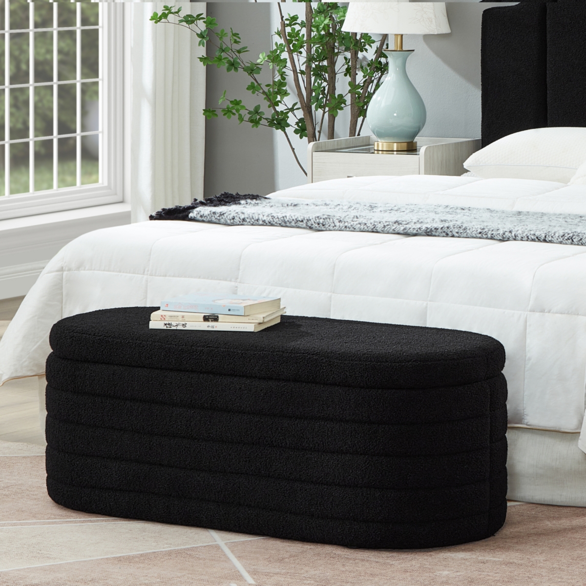 Click here for Modern Boucle Teddy Ottoman with Storage - Black prices