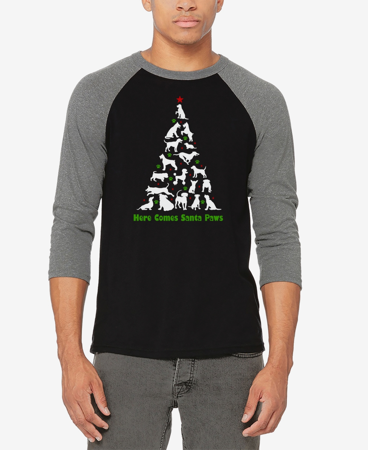 Click here for La Pop Art Mens Here Comes Santa Paws Raglan Baseb... prices