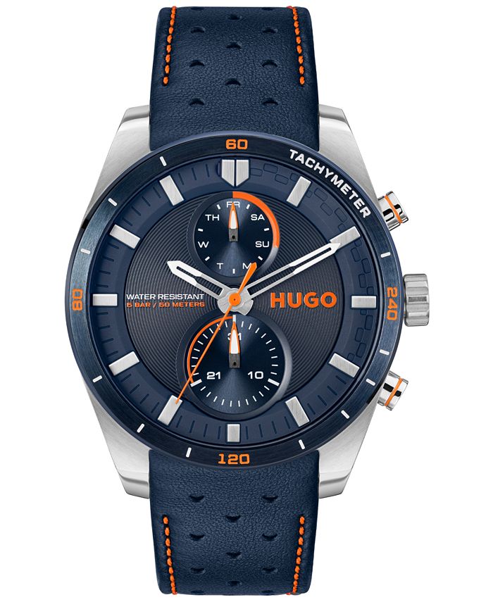 Hugo Boss Men's Fast Quartz Multifunction Blue Leather Watch 44mm - Macy's