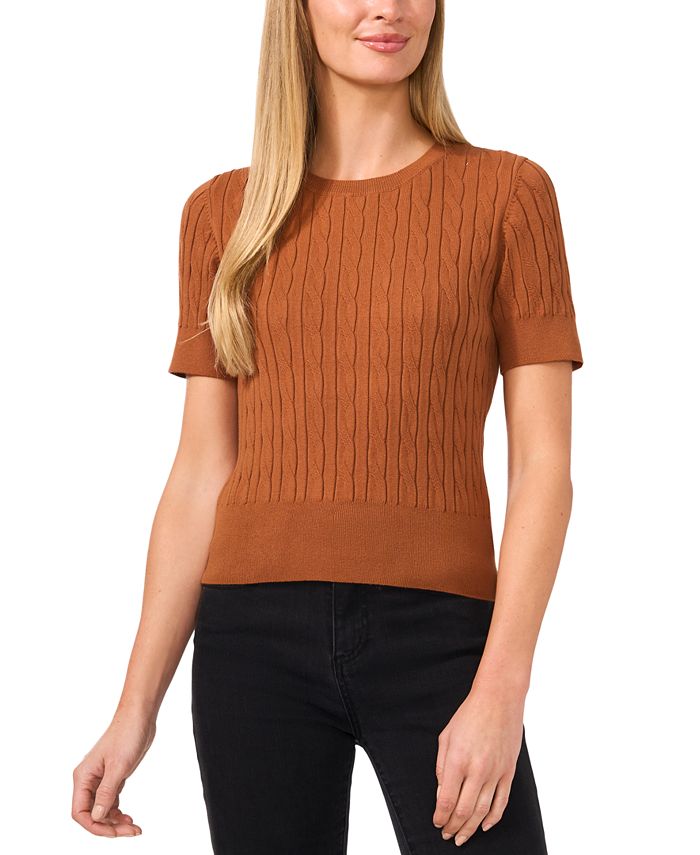CeCe Women's Cotton Cable-Knit Short-Sleeve Sweater - Macy's
