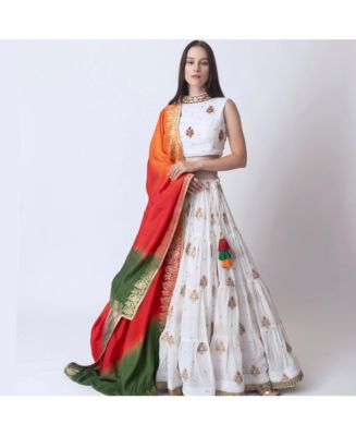 RAAS Women's White Lehenga With Embroidered High Neck Choli and ...