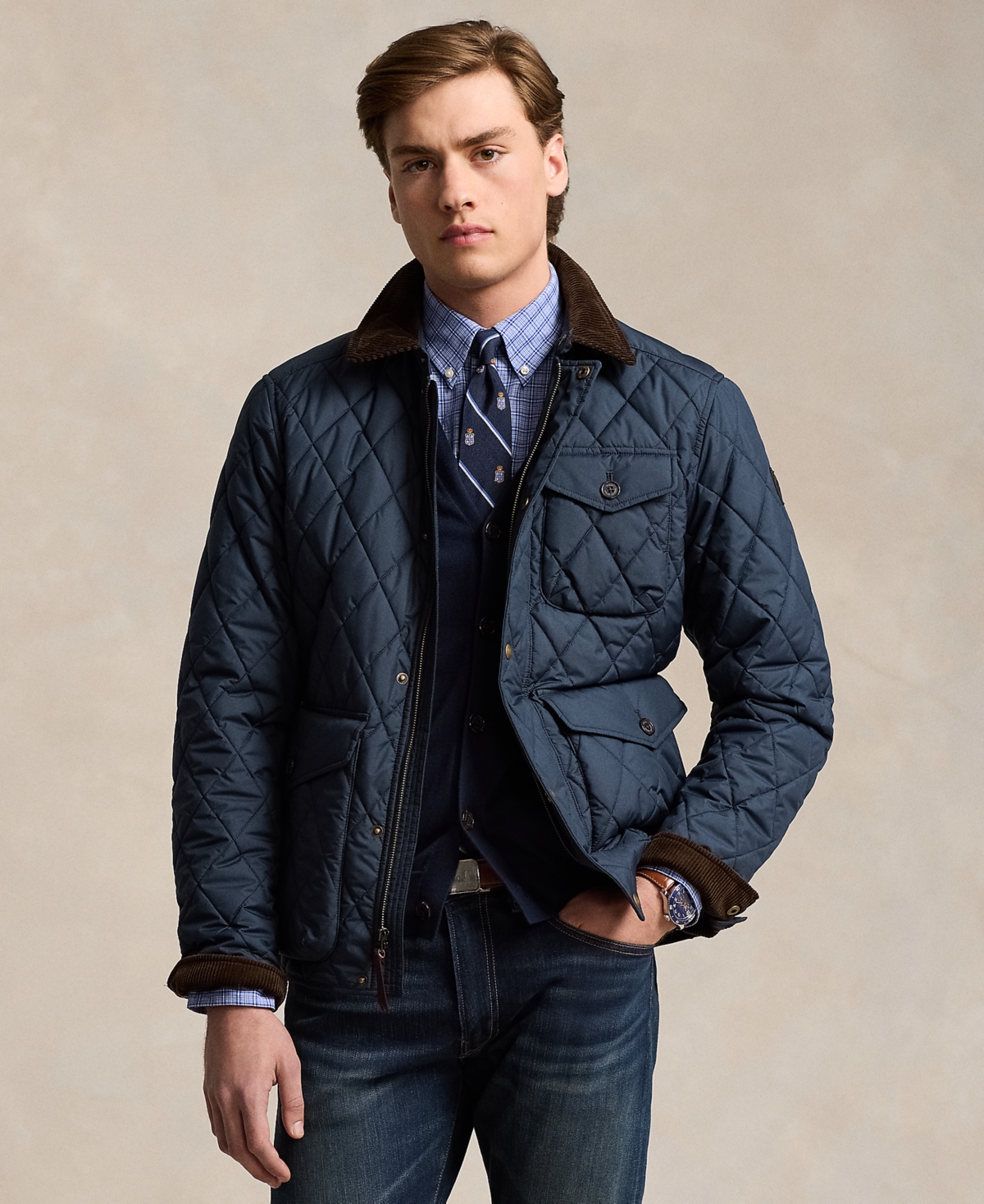 Polo Ralph Lauren Mens Beaton Quilted Water-Repellent Full-Zip Jacket - College Navy