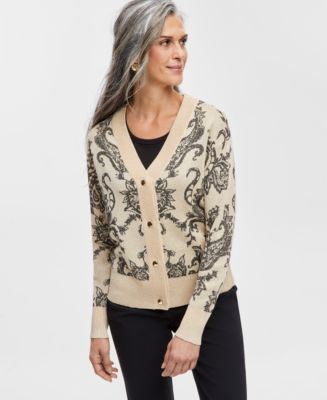 JM Collection Women's Printed Jacquard V-Neck Button Cardigan, Created ...