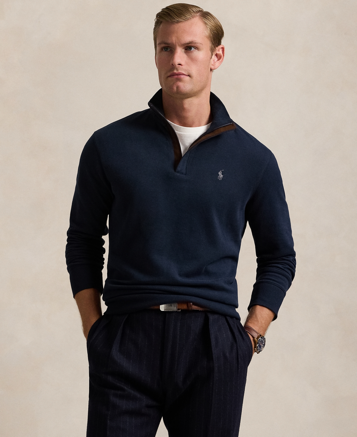 Polo Ralph Lauren Mens Luxury Jersey Quarter-Zip Pullover - Navy
