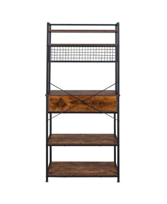 Slickblue 5-Tier Kitchen Bakers Rack – Rustic Brown, with 10 S-Shaped Hooks, 1 Drawer, and ...