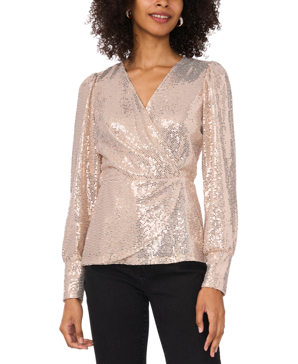 Click here for Vince Camuto Womens Sequined Faux-Wrap Long-Sleeve... prices